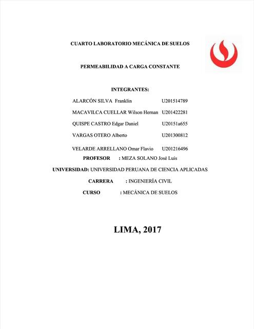 Permeabilidad a Carga Constante | PARISACA MARCA ALONSO ESTITH | uDocz