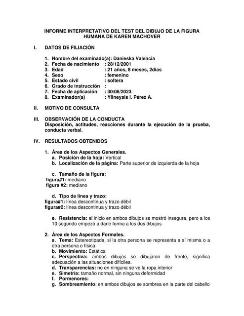 Informe Interpretativo del Test del Dibujo de la Figura Humana de Karen ...