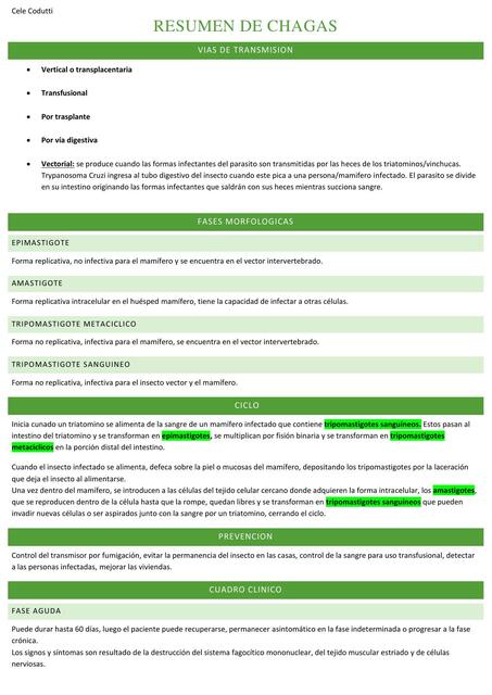 CHAGAS: transmision, fases morfologicas, ciclo, cuadro clinico, diagnostico | Celeste Codutti ...