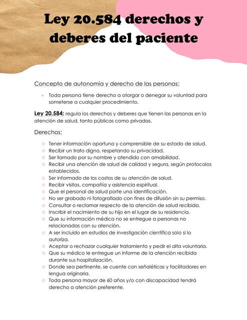 Ley 20.584 derechos y deberes del paciente | Mariana Barrios | uDocz
