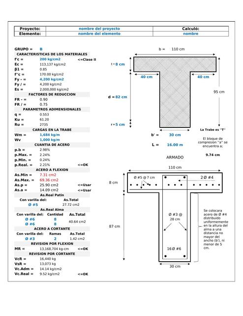 Hoja excel de diseño de trabe en T | Plantillas de Excel de Ingeniería ...