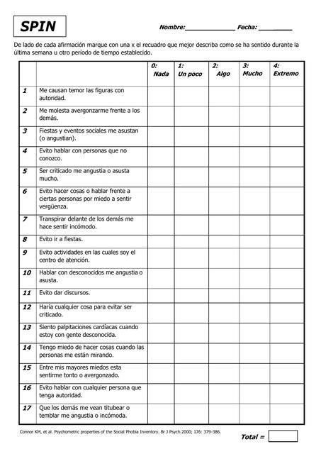 Test de Fobia Social SPIN | Apuntes de psicología | uDocz