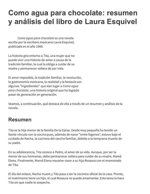 Como agua para chocolate resumen y análisis del libro de Laura Esquivel ...