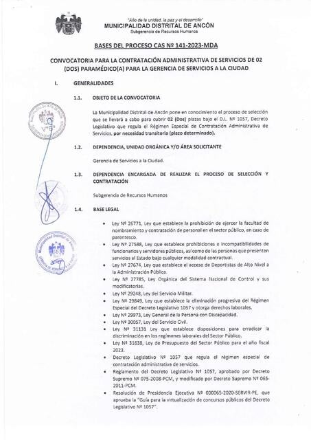 BASES DEL PROCESO CAS N 141 MDA | Cesar teofilo Ore fernandini | uDocz
