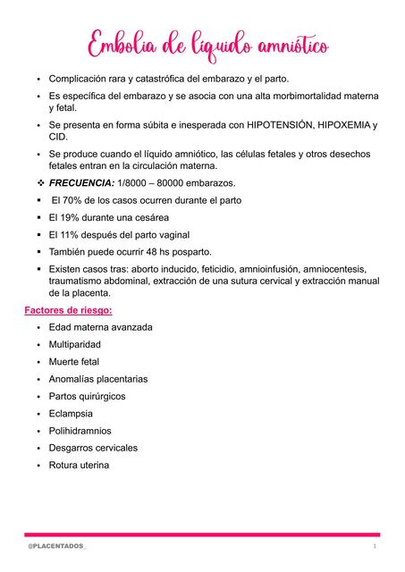 Embolia de líquido amniótico | Placentados | uDocz Embolia de líquido amniótico | Placentados | uDocz