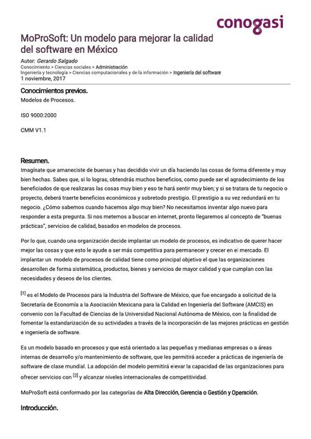 MoProSoft: Un modelo para mejorar la calidad del software en México | Ingeniería de Software | uDocz