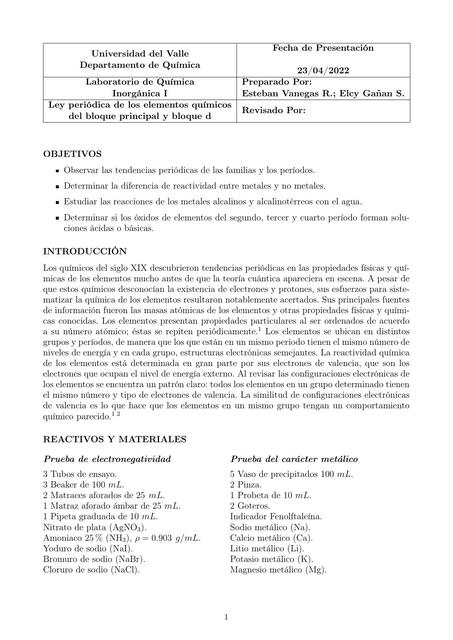 Guía Ley Periódica de los Elementos Químicos del Bloque Principal ...
