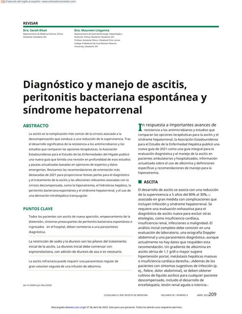 Diagnóstico y Manejo de Ascitis, Peritonitis Bacteriana Espontánea y ...