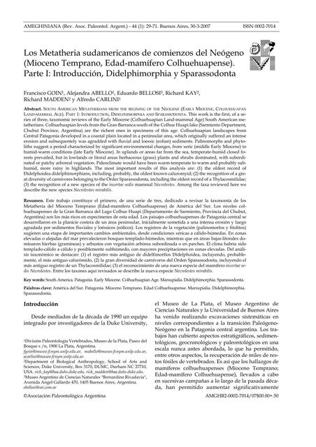Los Metatheria Sudamericanos de Comienzos del Neógeno | bioanatomia | uDocz