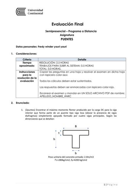 Examen de Puentes | GRIMALDO DELGADO AGUIRRE | uDocz