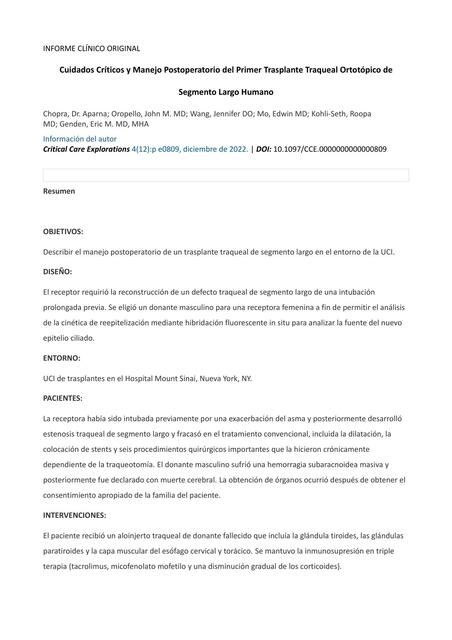 Cuidados Críticos y Manejo Postoperatorio del Primer Trasplante ...