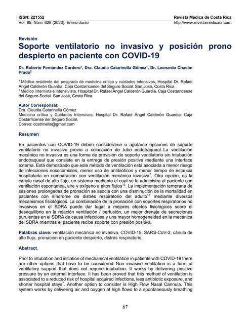 Soporte ventilatorio no invasivo y posición prono despierto en paciente ...