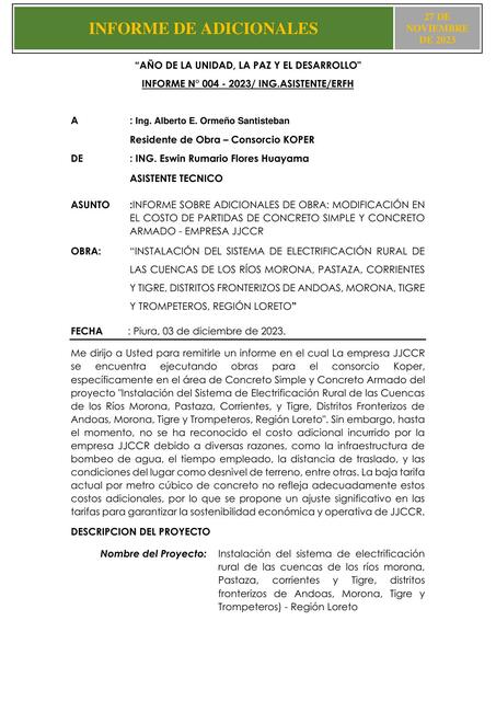 Informe sobre Adicionales de Obra | Eswin | uDocz