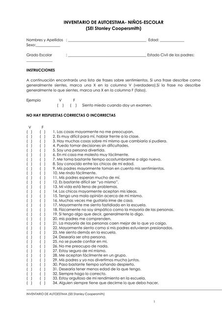 Inventario de Coopersmith Cuadernillo | Yanet Santa | uDocz