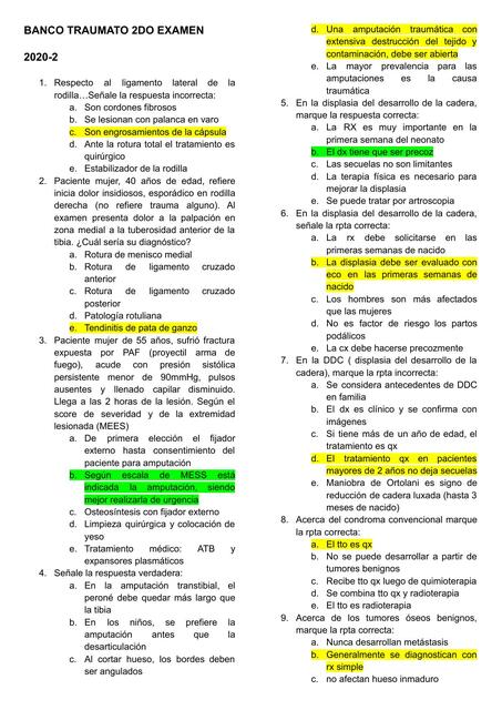 Banco de preguntas de Traumatología (2do examen) 2020 - 2023 | LiquidOH愛 | uDocz