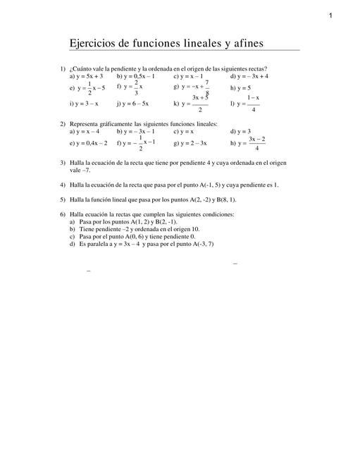 Ejercicios de Funciones lineales y afines | Yesica Vallejo | uDocz