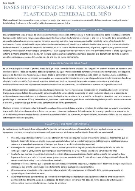 Bases histofisiógicas del neurodesarollo y plasticidad cerebral del niño | Celeste Codutti | uDocz