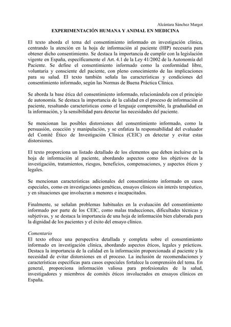 Experimentación humana y animal en medicina | Margot Alcántara | uDocz