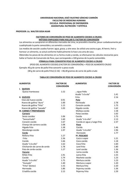 Factores de Conversión de Peso de alimento cocido | Antonella Rivadeneyra Ramirez | uDocz