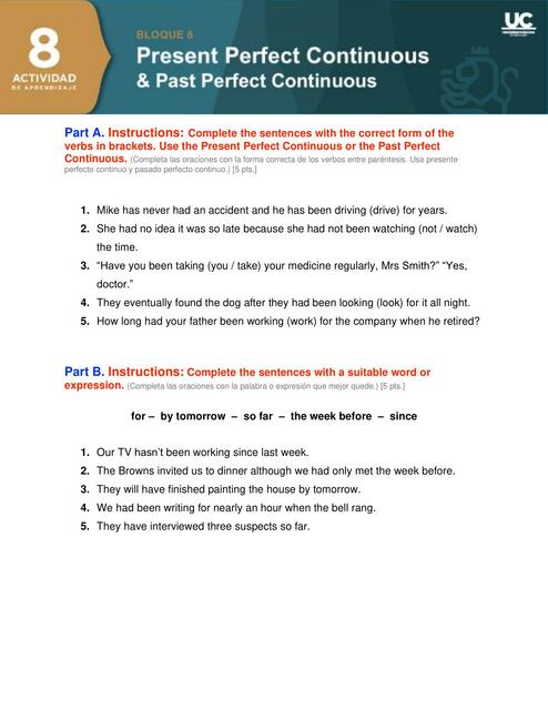 Inglés 3 Week 8 Activity 2 Lesson 7 Present perfect cotinuous | Lari DP ...