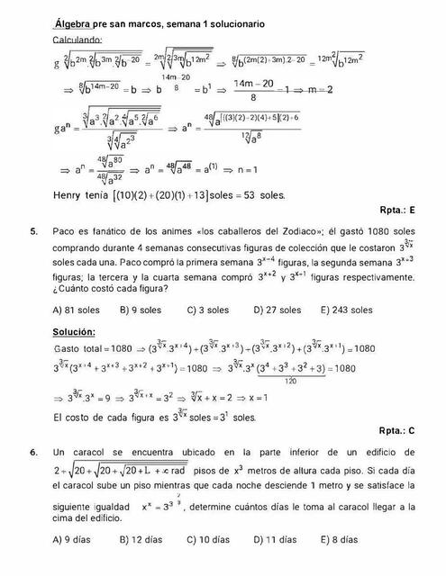 Álgebra pre san marcos semana 1 solucionario | Todo Cálculo | uDocz