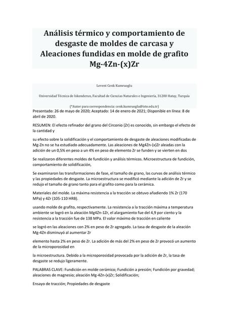 Análisis Térmico y Comportamiento de Desgate de Moldes de Carcasa y ...