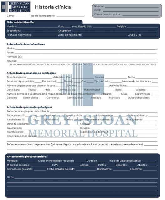 Formato historia clínica Grey Sloan Memorial Hospital Greys anatomy | Javier Rios | uDocz