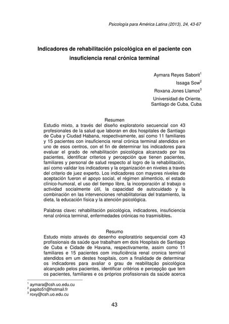 Indicadores de Rehabilitación Psicológica en el Paciente con Insuficiencia Renal Crónica ...
