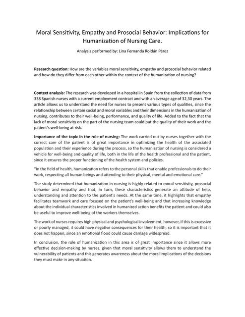 Moral Sensitivity, Empathy and Prosocial Behavior: Implications for Humanization of Nursing Care ...