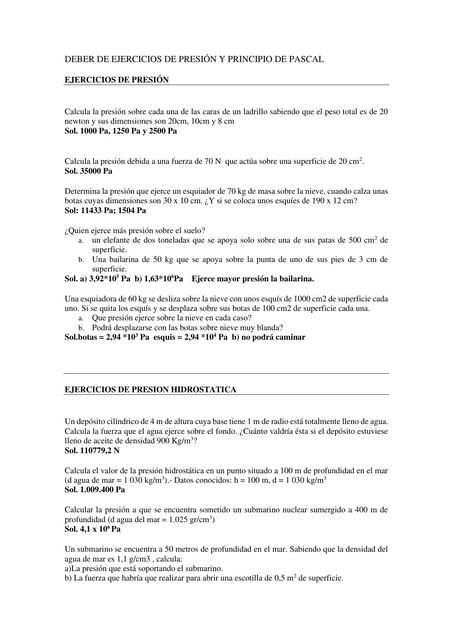 Ejercicios de Presión y Principio de Pascal | andrea Chulde Arévalo | uDocz