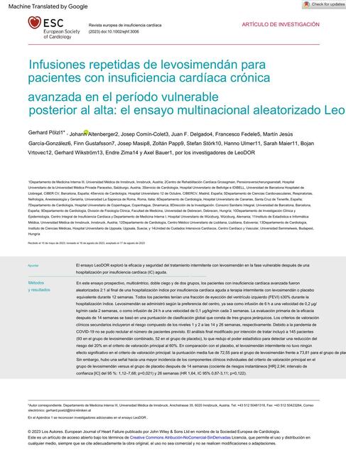 Infusiones Repetidas de Levosimedán para Pacientes con Insuficiencia ...