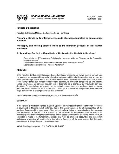 Filosofía y ciencia de la enfermería vinculada al proceso formativo de sus recursos humanos ...