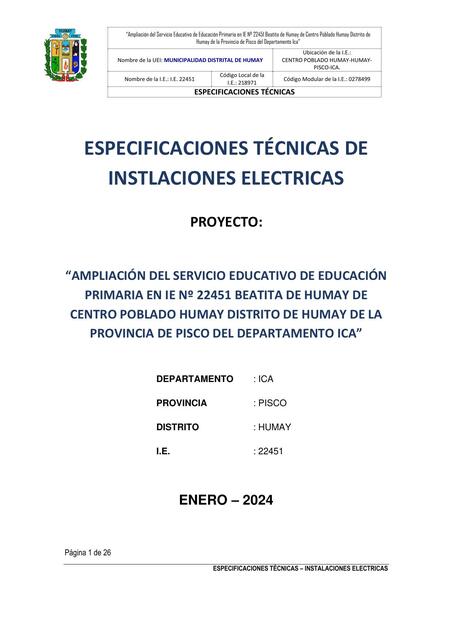 Especificaciones Técnicas de Instalaciones Eléctricas | DIEGO OMAR TENORIO HUARANCCA | uDocz