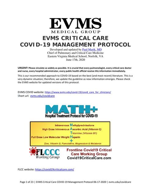 EVMS Critical Care COVID 19 Protocol | Kevin Espinal | uDocz