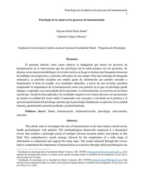 Psicología de la salud en los procesos de humanización | tustrabajos.co | uDocz
