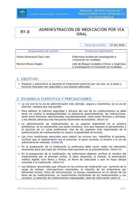 Administración de medicación vía oral | Cuidados y enfermería | uDocz