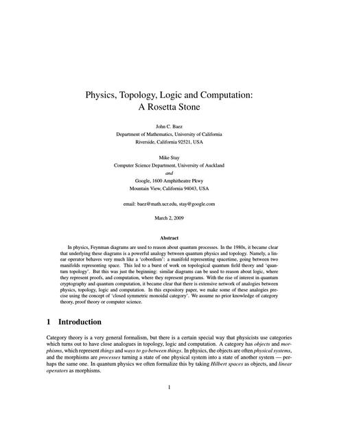 Physics Topology Logic And Computation A Rosetta Stone 2009 [pdf] Hackernews Udocz