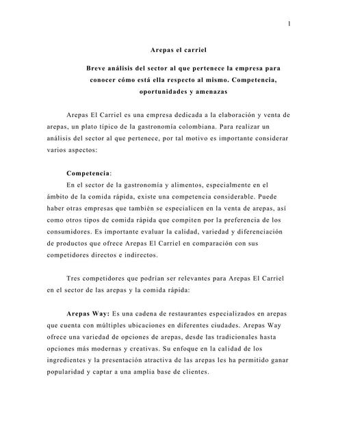 Arepas el carriel - Breve análisis del sector al que pertenece la ...