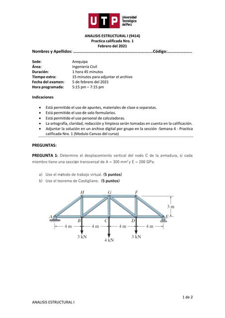 Practica Calificada Nro 1 Análisis Estructural | EDWIN SERGIO MENDOZA CALLA | uDocz