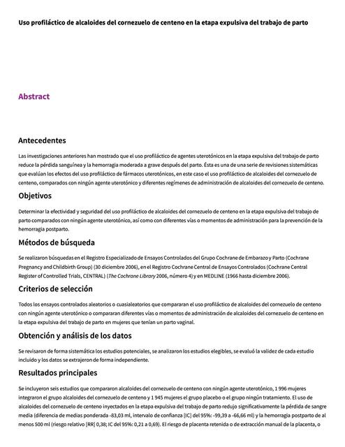 Uso profiláctico de alcaloides del cornezuelo de centeno en la etapa ...