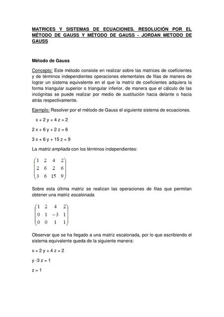 Matrices y sistemas de ecuaciones - Resolución por el método de gauss y ...