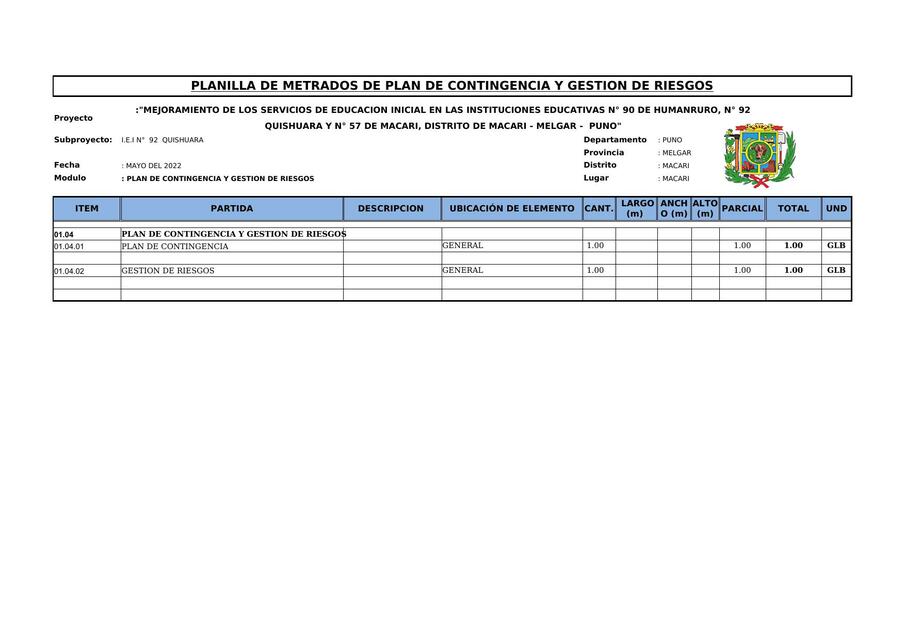 Planilla de Metrados de Plan de Contingencia y Gestión de Riesgos | Daniel LIMA PAUCAR | uDocz