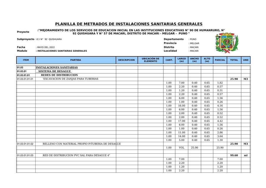 Planilla de Metrados de Instalaciones Sanitarias Generales | Daniel LIMA PAUCAR | uDocz
