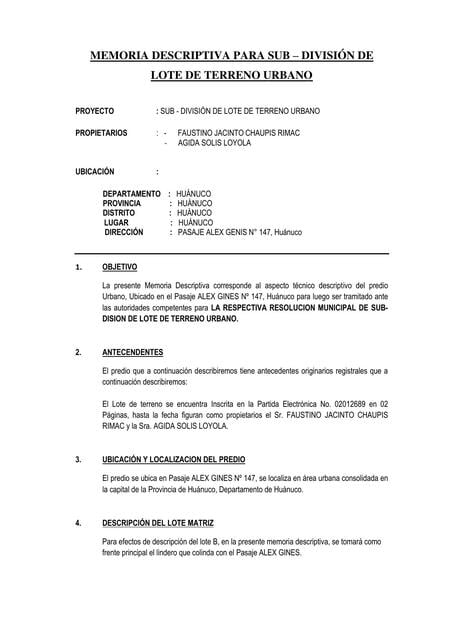 Memoria Descriptiva Subdivisión de lote de terreno urbano | Noé ...