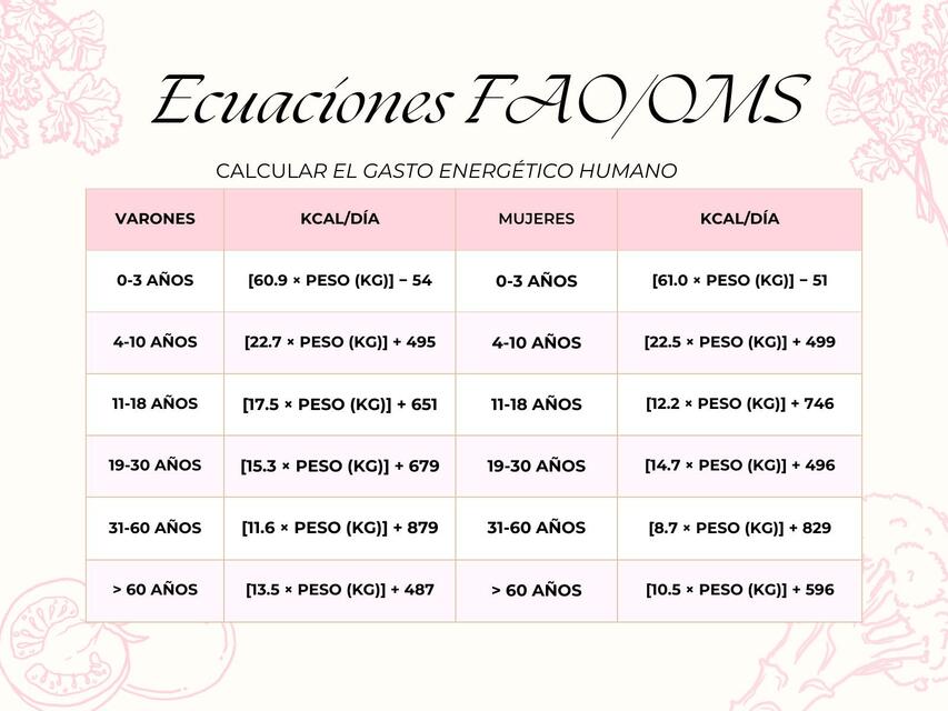 Ecuaciones FAO/OMS Gasto Energético Humano | Pao Murillo | uDocz