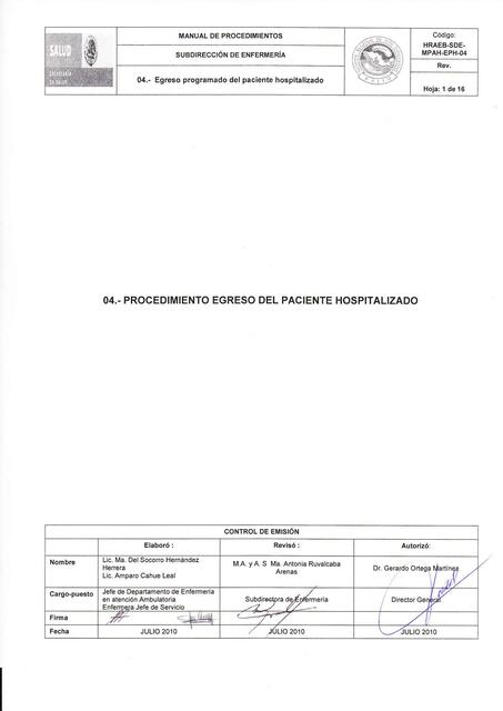 Procedimiento Egreso del Paciente Hospitalizado | Rafael Gonzalez | uDocz