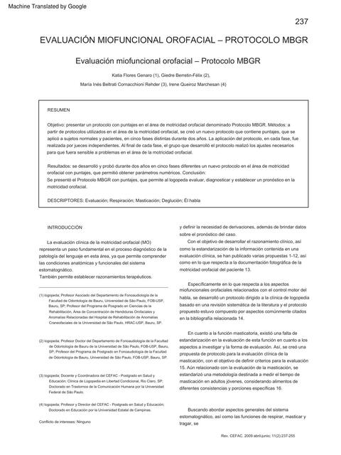 Evaluación miofuncional orofacial - protocolo MBGR | Medicina General 1 | uDocz