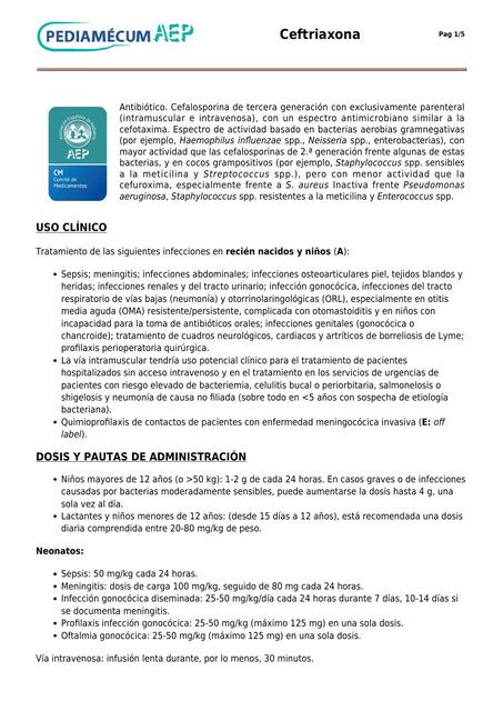 Ficha farmacológica ceftriaxona | Cuidados y enfermería | uDocz