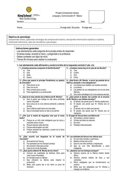 Charlie y la Fábrica de Chocolate - Comprensión Lectora | Carolina ...