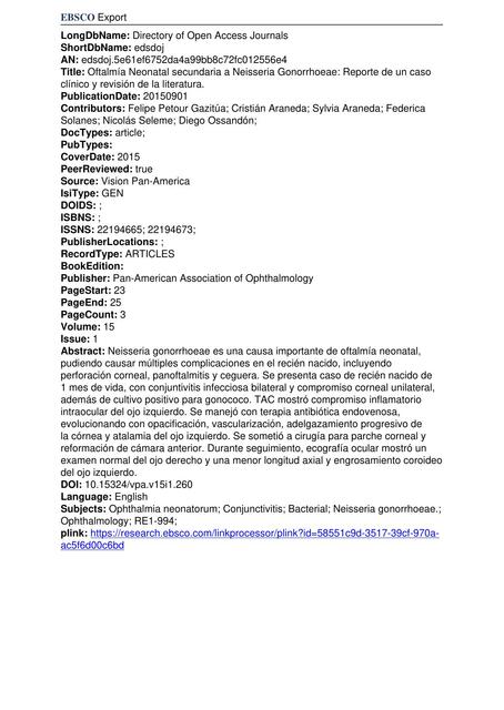 Oftalmía Neonatal Secundaria a Neisseria Gonorrhoeae: Reporte de un ...